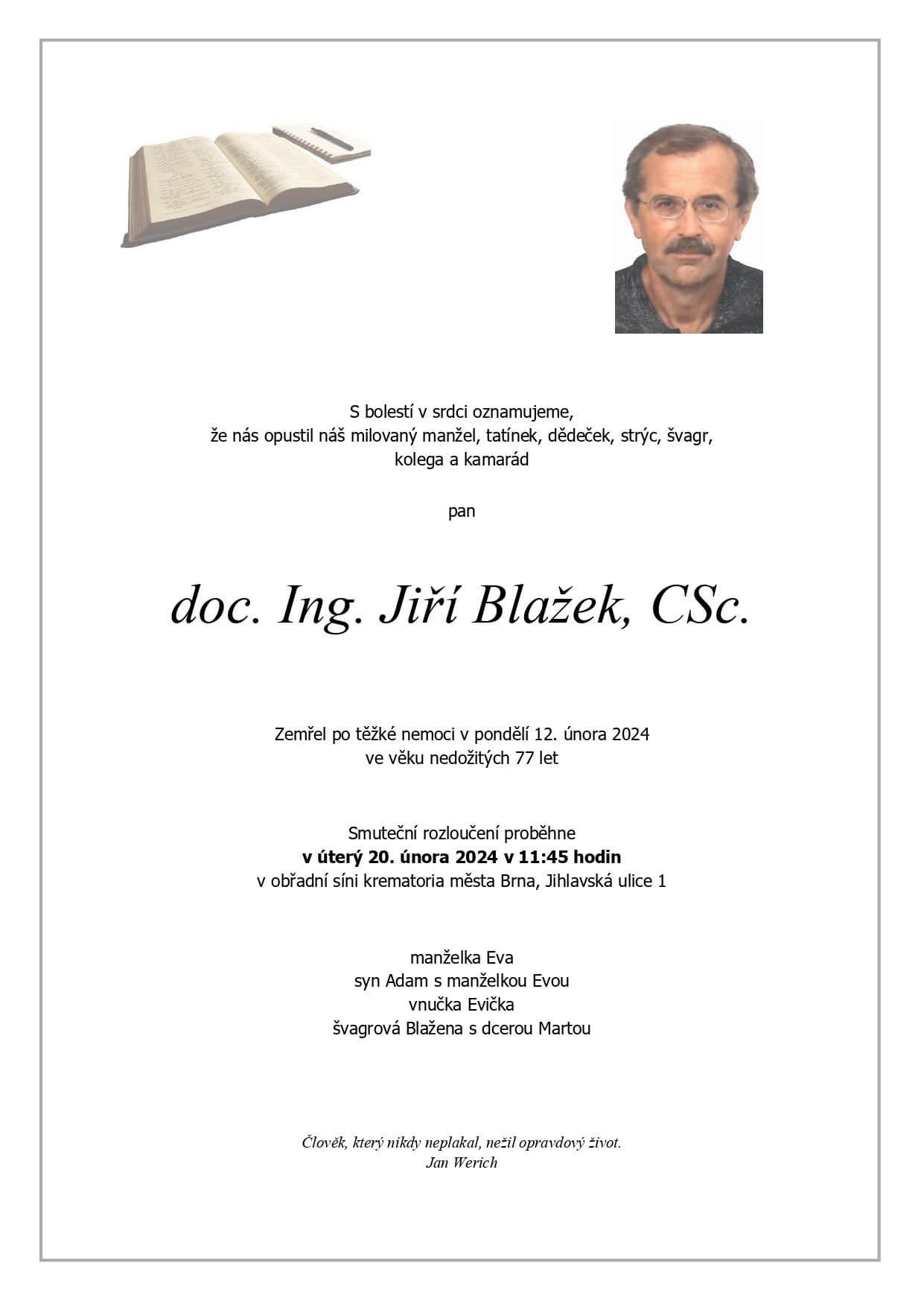 Smuteční oznámení o úmrtí doc. Jiřího Blažka a vzpomínka na jeho ...